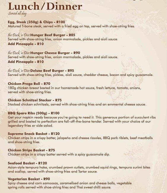 Menu at The Duck 'n Dive, Sandton