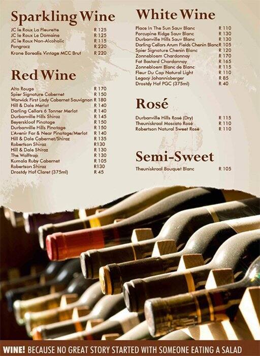 Menu at The Duck 'n Dive, Sandton