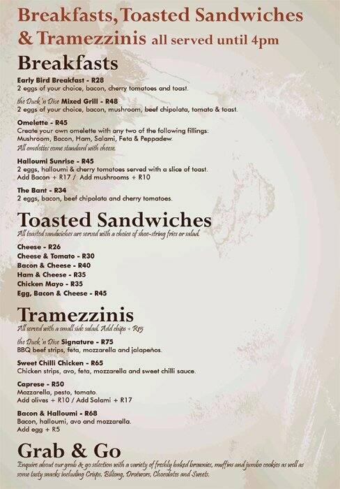 Menu at The Duck 'n Dive, Sandton