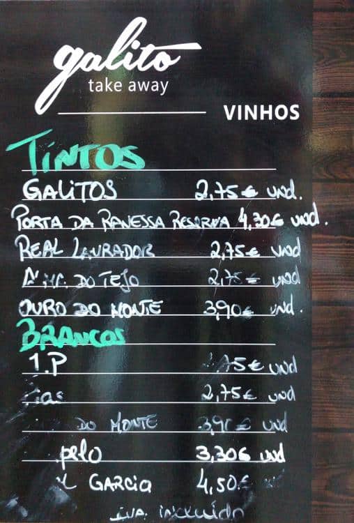Menu at Galito BBQ, Lisbon, Praça Paiva Couceiro