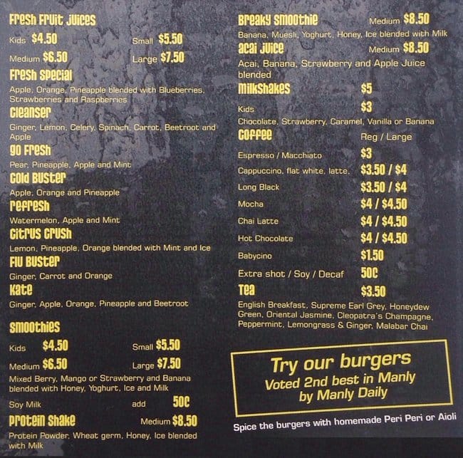Menu at Fresh at Manly cafe, Manly