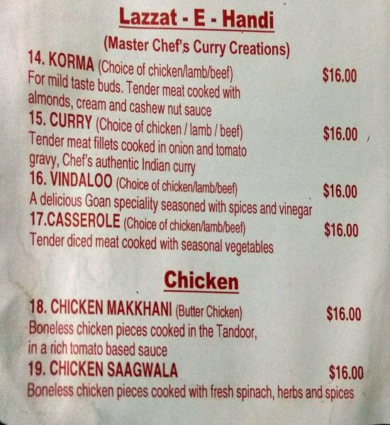 Menu at India Gate restaurant, Belgrave