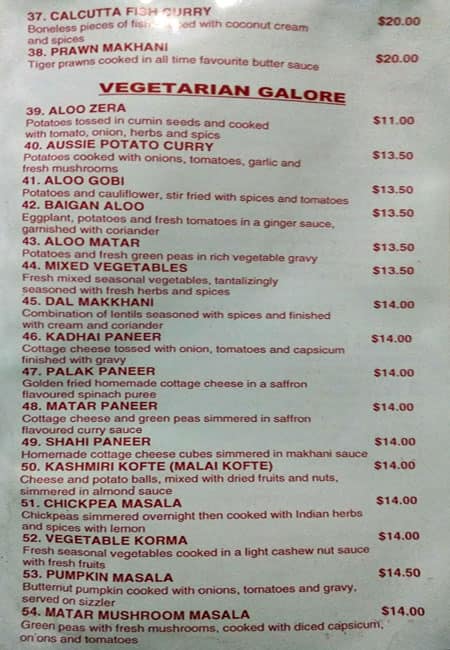 Menu at India Gate restaurant, Belgrave