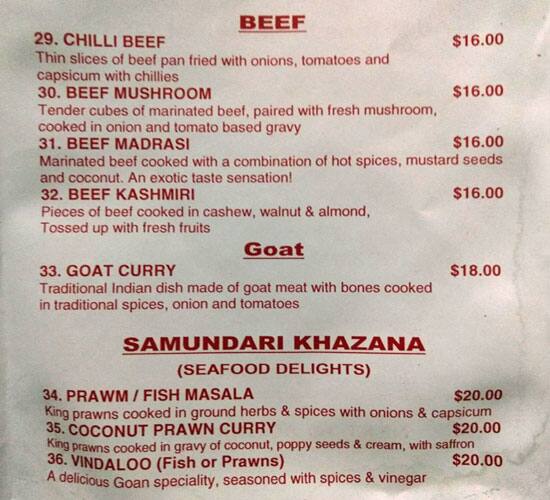 Menu at India Gate restaurant, Belgrave