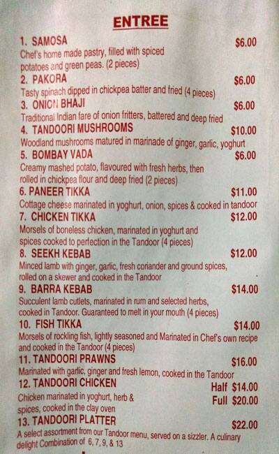 Menu at India Gate restaurant, Belgrave