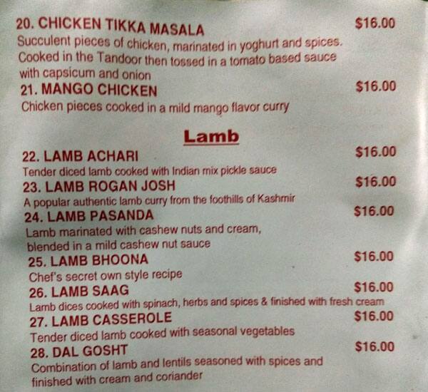 Menu at India Gate restaurant, Belgrave