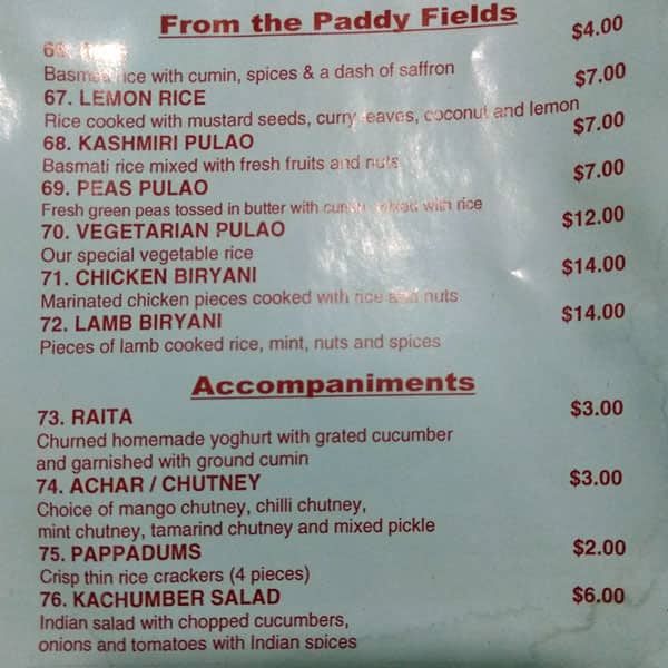 Menu at India Gate restaurant, Belgrave