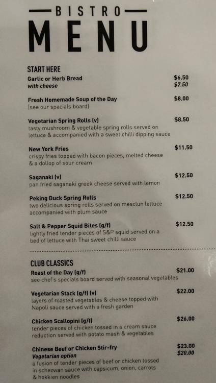 Menu at Leighoak Club, Oakleigh