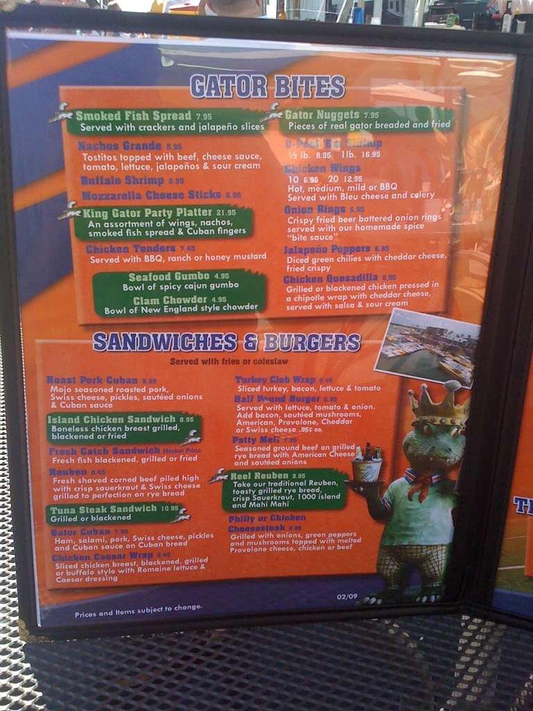 Menu at Gators Cafe & Saloon, Treasure Island