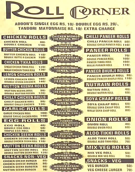 Menu of Roll Corner, Kirti Nagar, New Delhi