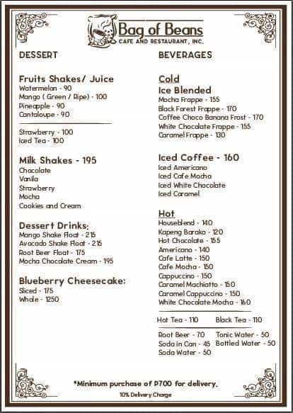 Menu at Bag of Beans, Twin Lakes restaurant, Laurel, 3V94+FP6