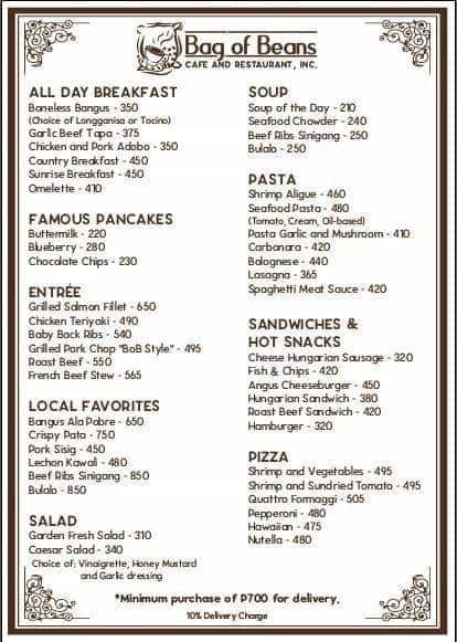 Menu at Bag of Beans, Twin Lakes restaurant, Laurel, 3V94+FP6