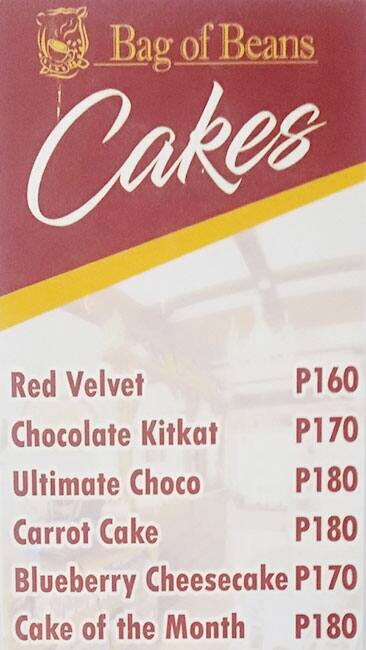 Menu at Bag of Beans, Twin Lakes restaurant, Laurel, 3V94+FP6