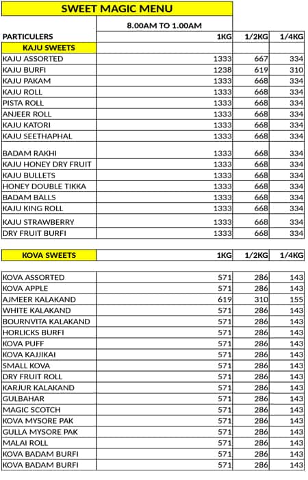 Menu of Sweet Magic Sweets, Kukatpally, Hyderabad