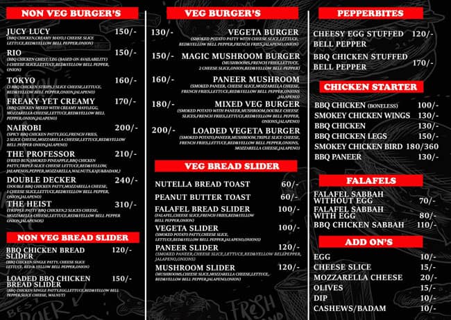 Menu at The Burger Heist, Hyderabad