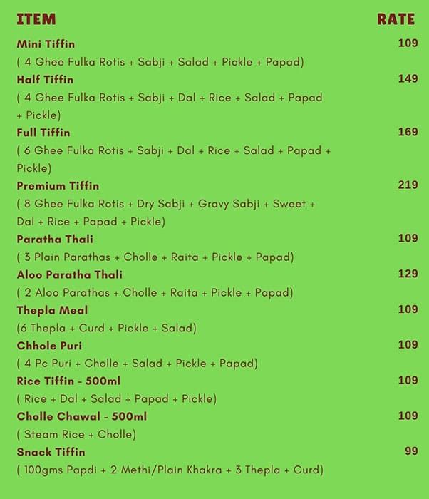 Menu of Tiffin House - Pure Veg And Jain, Malad West, Mumbai