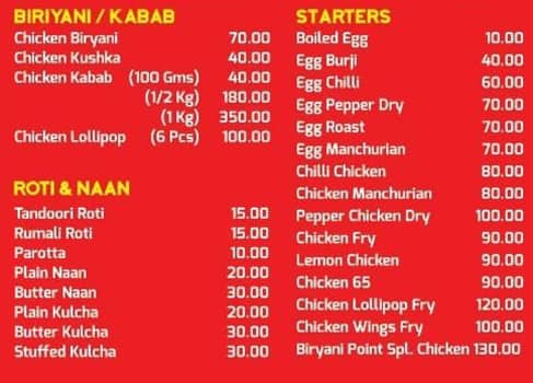 Menu of Biryani Point, Kalyan Nagar, Bangalore