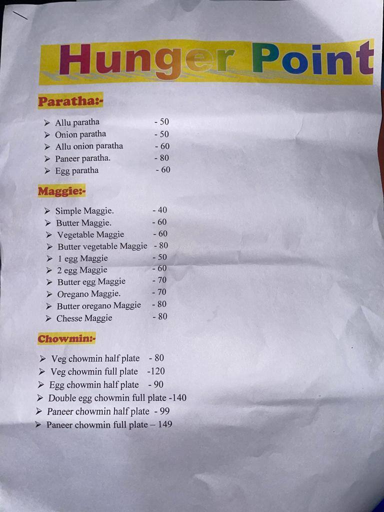 Menu of Hunger Point, Vijay Nagar, New Delhi