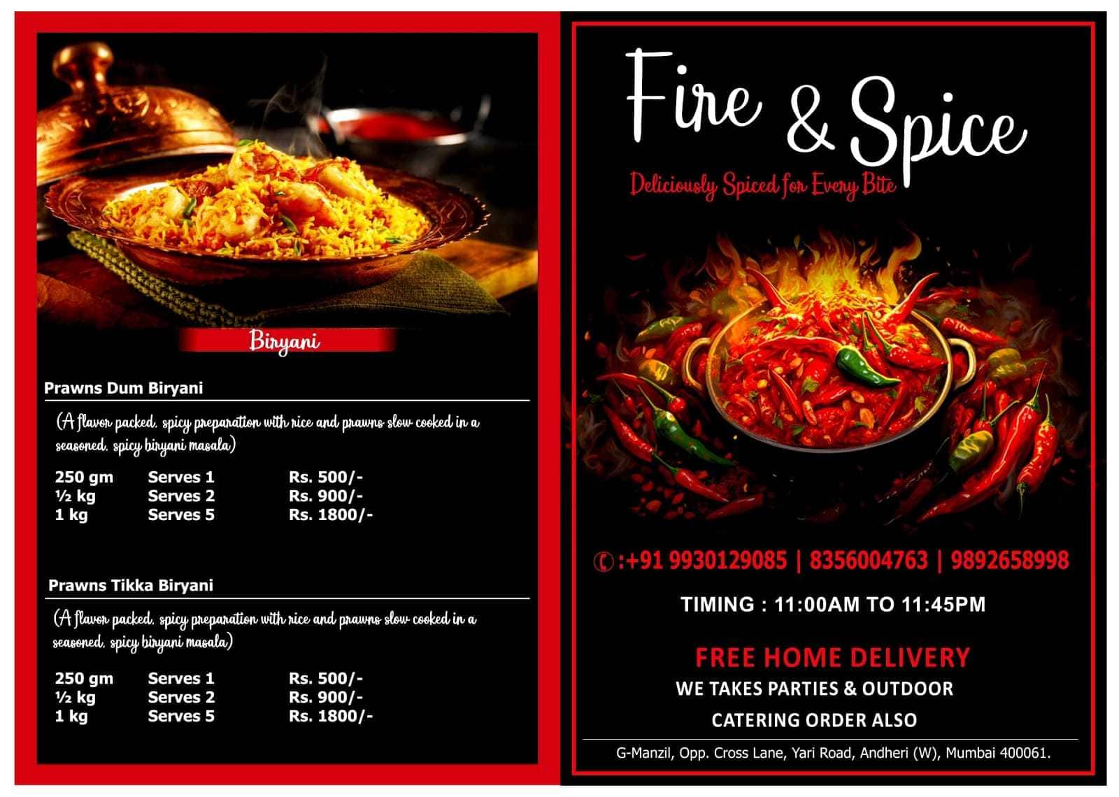 Menu of Fire And Spice, Versova, Andheri West, Mumbai