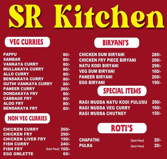 Menu of SR Kitchen, Nizampet, Hyderabad