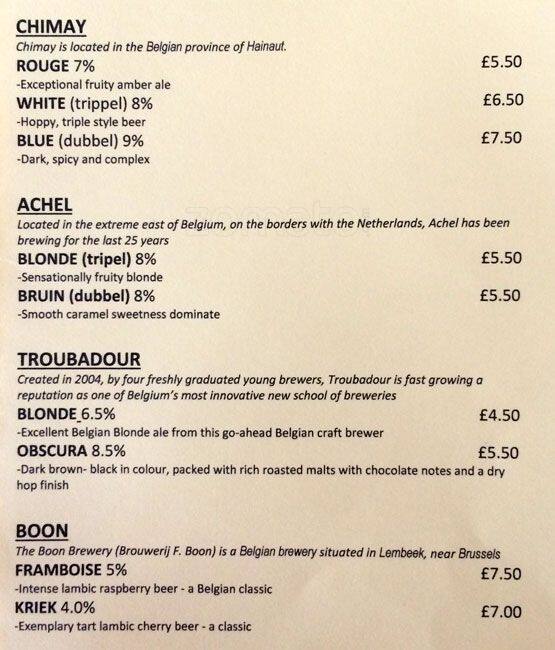 Menu at Priory Arms restaurant, London