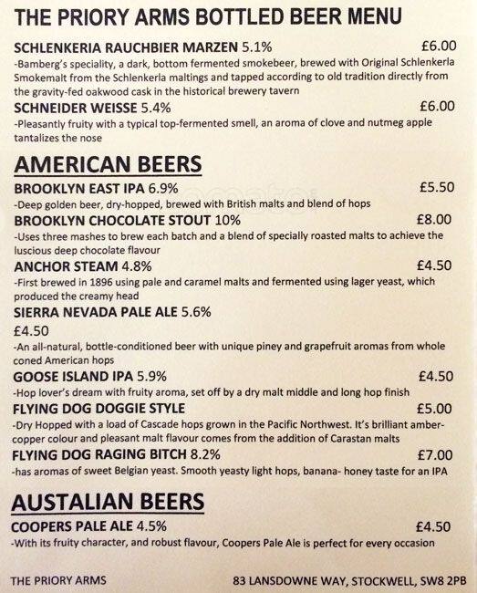Menu at Priory Arms restaurant, London