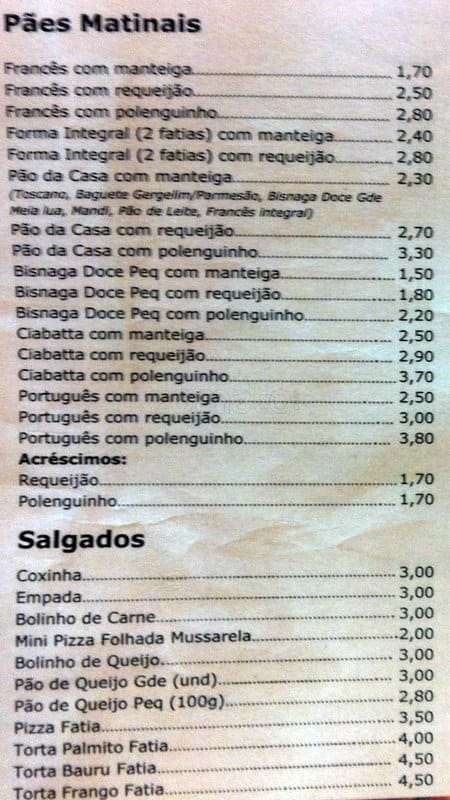 Menu em Panificadora Natalina Ltda restaurante, São Paulo, R. Sepetiba