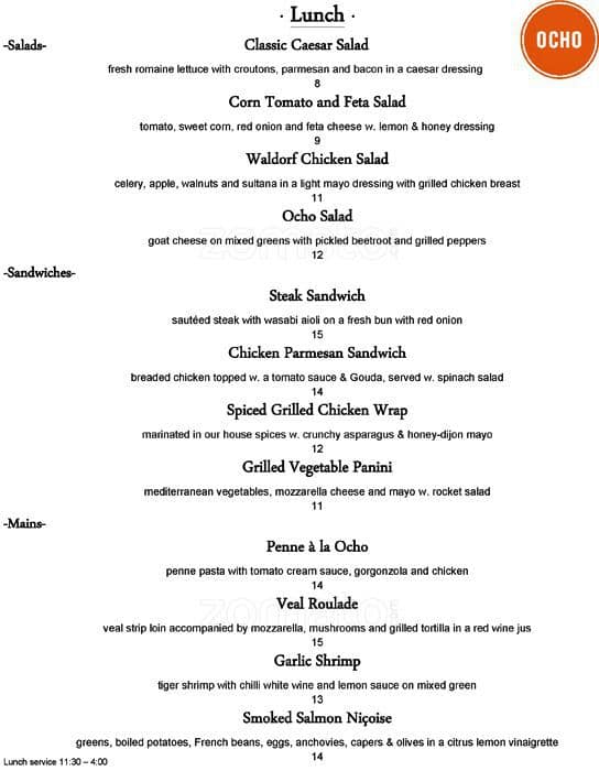 Menu at Hotel Ocho Restaurant & Bar, Toronto