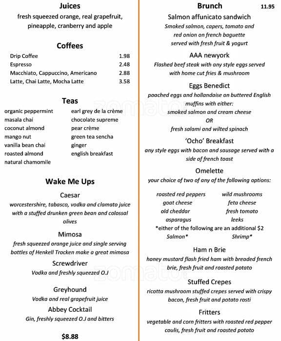 Menu at Hotel Ocho Restaurant & Bar, Toronto