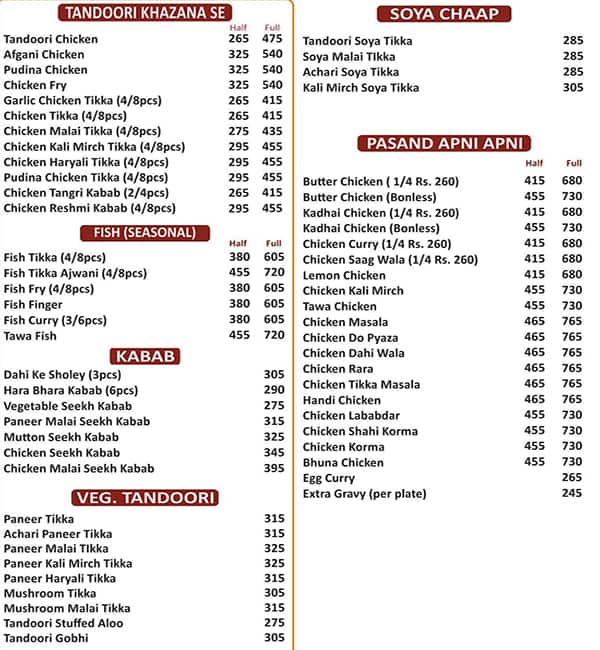 Menu of Raj Restaurant, Sector 45, Gurgaon