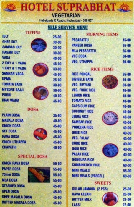 Hotel Suprabhat Menu, Menu for Hotel Suprabhat, Habsiguda, Hyderabad ...