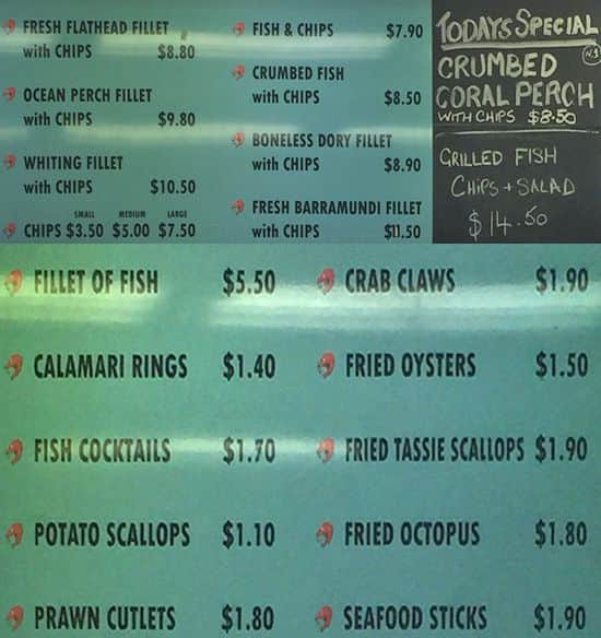 Menu at Smith's Seafood restaurant, Blakehurst