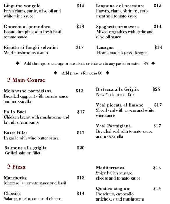 Menu at Baci Ristorante pizzeria, Burnaby