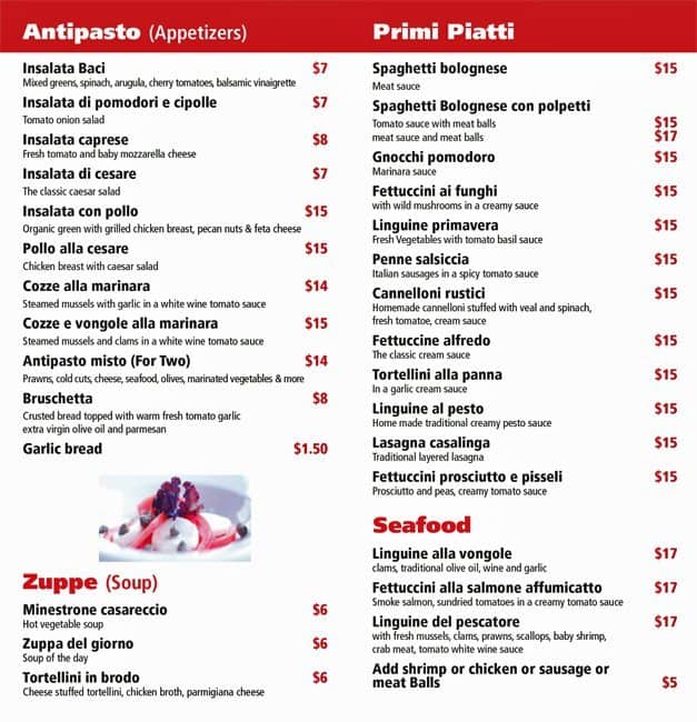 Menu at Baci Ristorante pizzeria, Burnaby