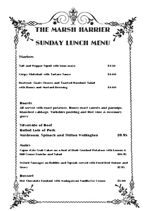 Menu at The Marsh Harrier, Oxford pub & bar, Oxford