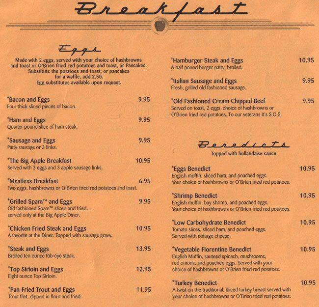 Menu at Big Apple Diner restaurant, Bremerton