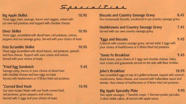 Menu at Big Apple Diner restaurant, Bremerton