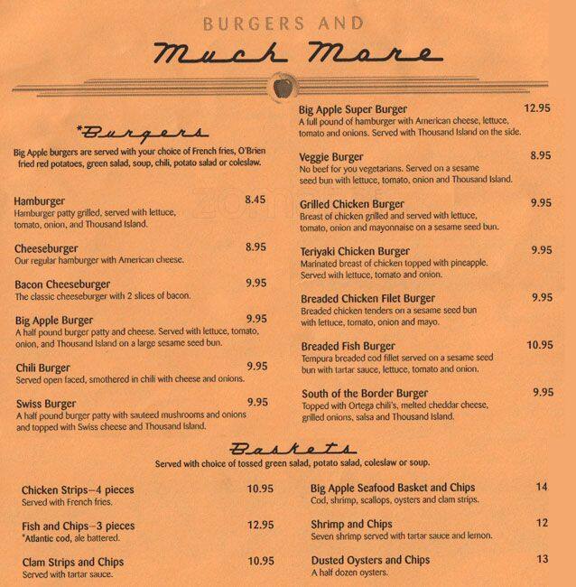 Menu at Big Apple Diner restaurant, Bremerton