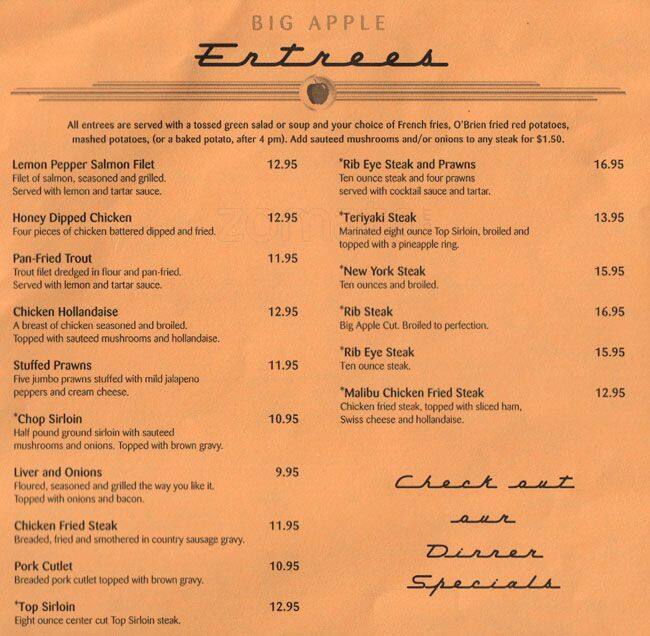 Menu at Big Apple Diner restaurant, Bremerton
