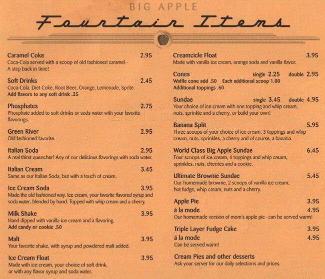 Menu at Big Apple Diner restaurant, Bremerton