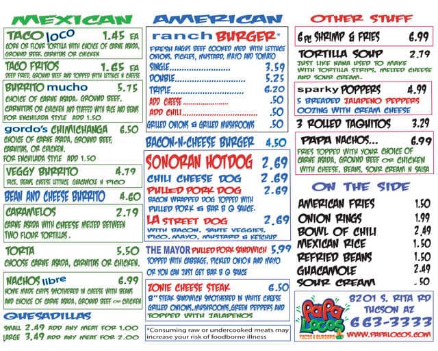 Carta del restaurante Papa Locos Tacos & Burgers, Tucson, S Rita Rd