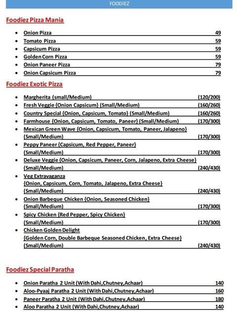 Menu of Foodiez, DLF Cyber City, Gurgaon