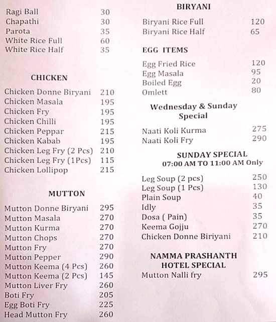 Menu of Namma Prashanth Hotel, Kanakapura Road, Bangalore