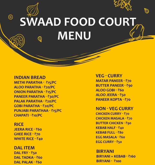 Menu of Swaad Mess, Hennur, Bangalore