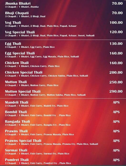 Menu of Sahyadri Lunch Home, Nerul, Navi Mumbai