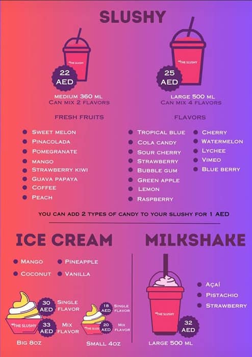 Menu of The Slushy, Al Wahda, Abu Dhabi