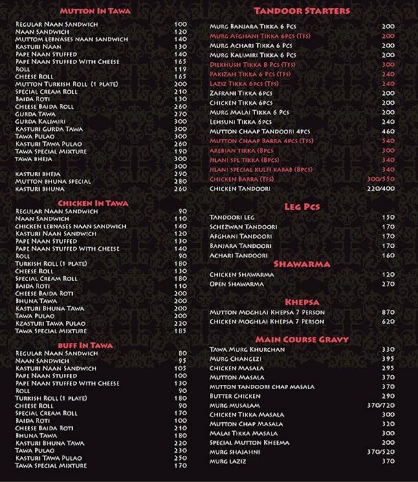 Menu of Jilani Tawa Grills And More, Mumbai Central, Mumbai
