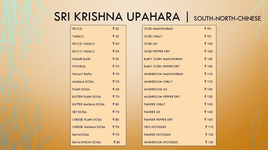 Menu of Sri Krishna Upahara, Electronic City, Bangalore