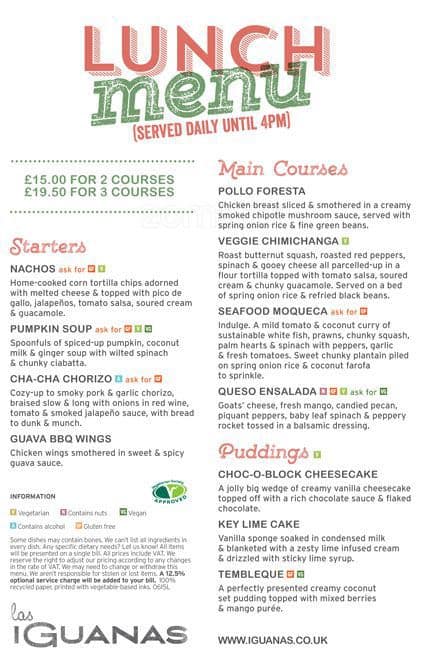 Menu at Las Iguanas - Kingston restaurant, Kingston upon Thames, 25-29 ...