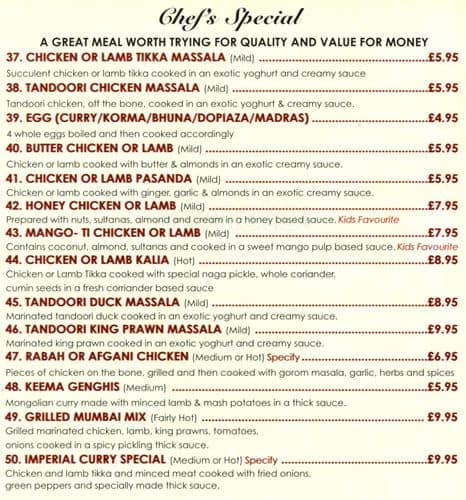 Menu at Imperial Spice fast food, London, 470 Long Ln